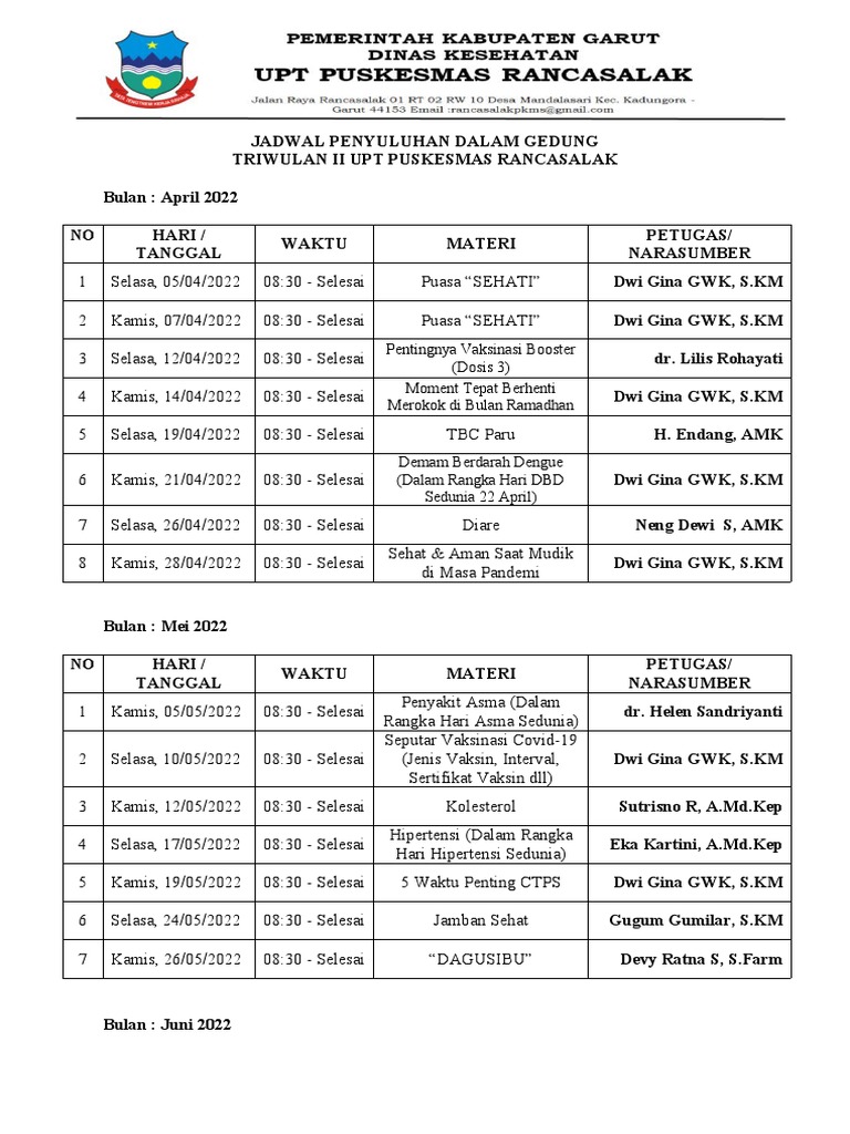 Jadwal Penyuluhan Dalam Gedung Puskesmas | PDF
