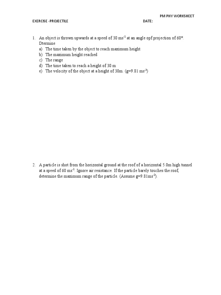 Projectile Motion Worksheet Solutions | PDF