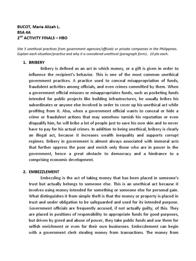 BUCOT, Maria Alizah L. Bsa 4A 2 Activity Finals - Hbo | PDF | Sexual Harassment | Bribery