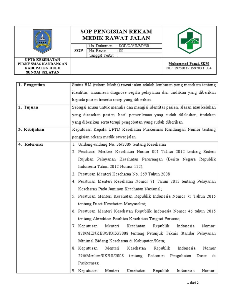 Sop Pengisian Rekam Medik Rawat Jalan Ok 1 | PDF