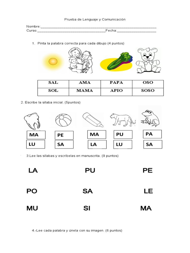 Prueba de reconocimiento de letras, sílabas y palabras | PDF