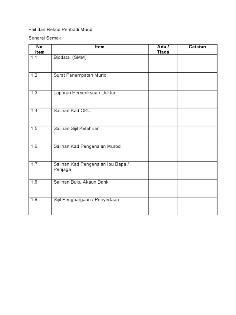 Senarai Semak Fail Dan Rekod Peribadi Murid | PDF