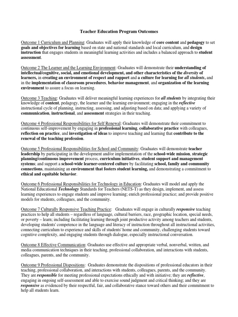 Teacher Education Program Outcomes | PDF | Learning | Curriculum