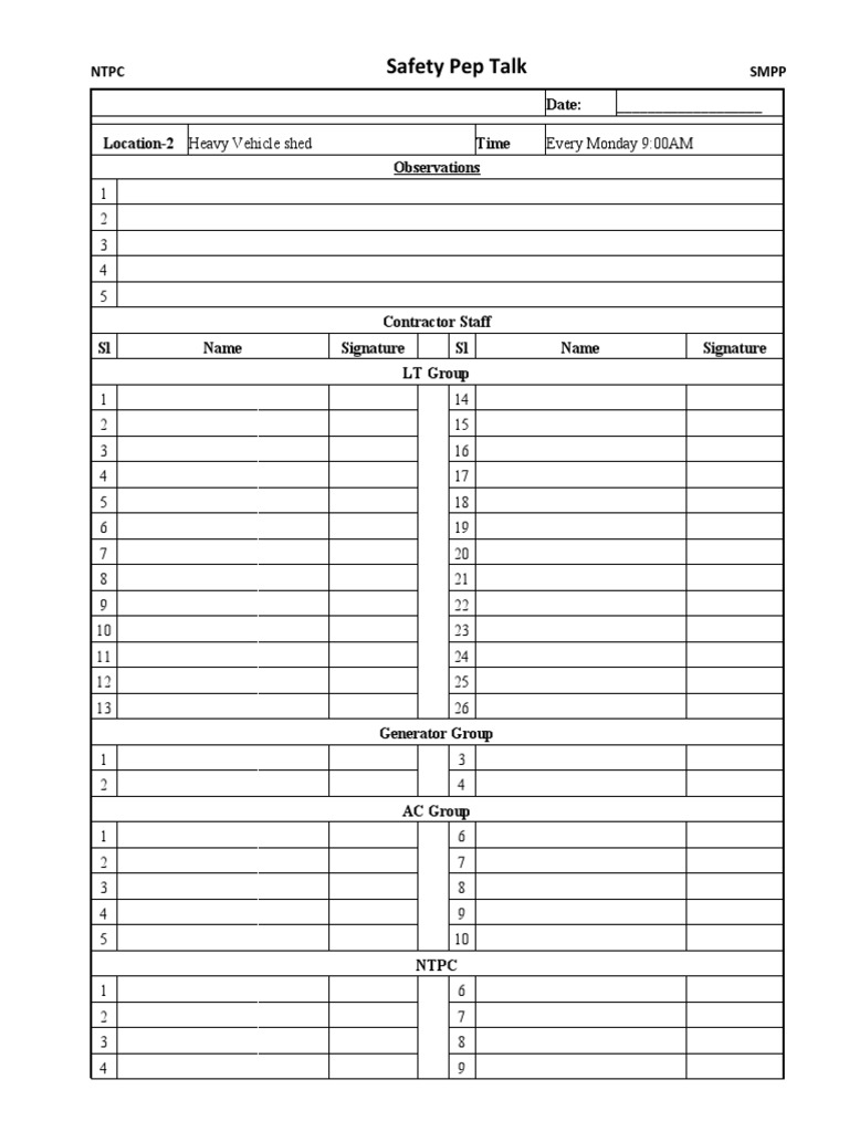 Safety Pep Talk: - Every Monday 9:00AM 1 2 3 4 5 | PDF