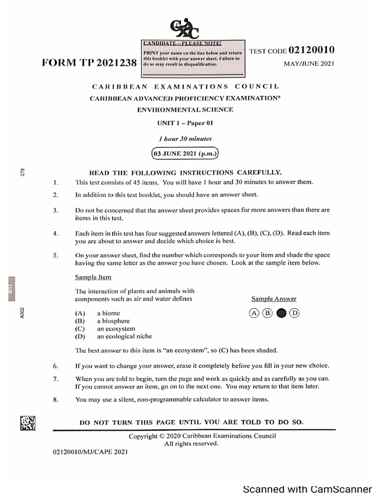 CAPE Envi. Science U1 2021 P1 | PDF