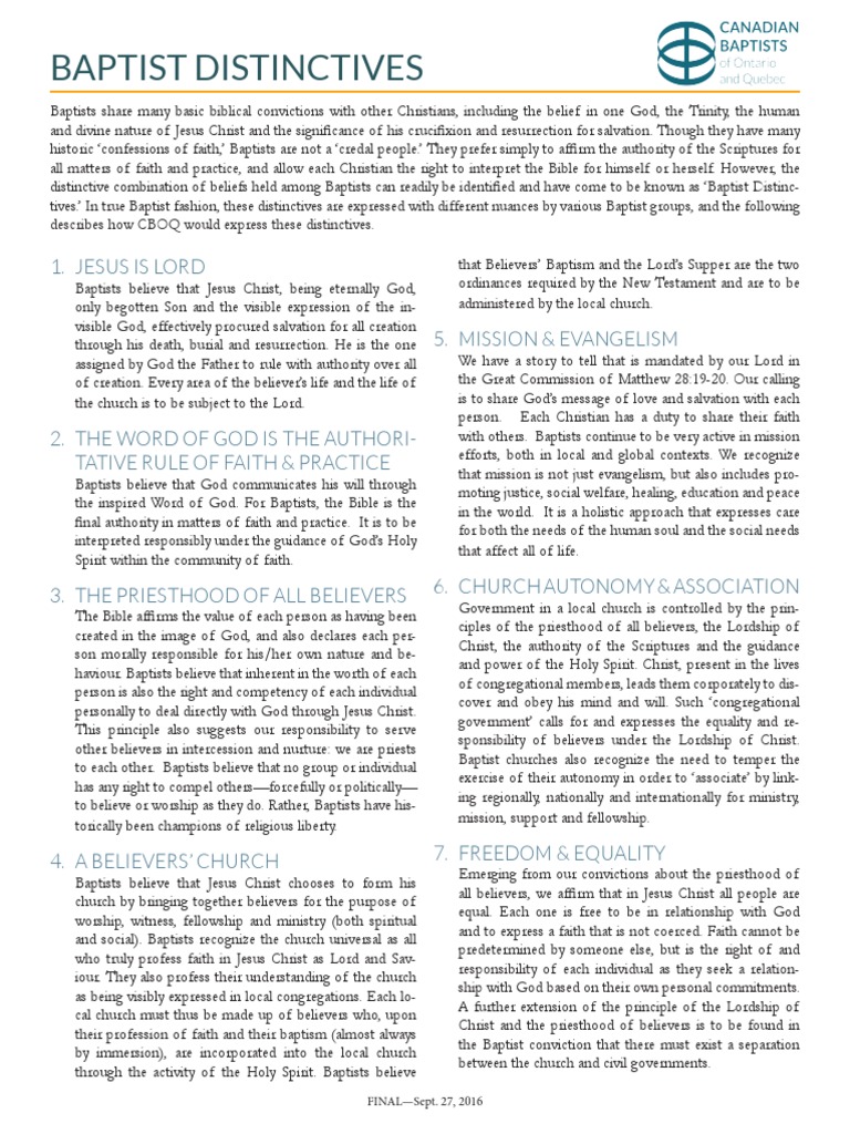 Baptist Distinctives: 1. Jesus Is Lord | PDF | Baptism | Baptists