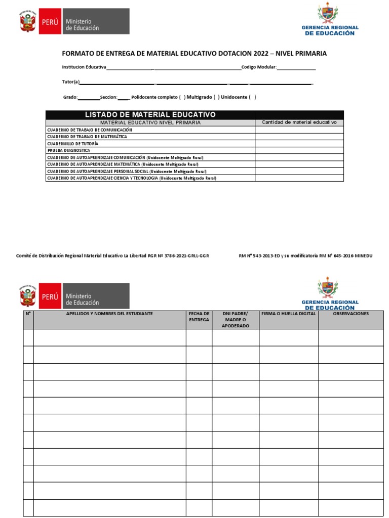 Formato de Control de Entrega de Cuadernos de Trabajo - Primaria | PDF