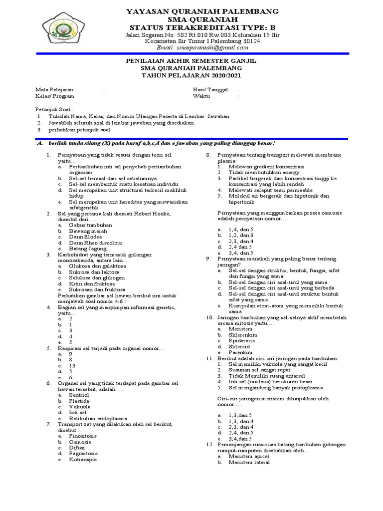 Format Soal Pas Ganjil 2020 Kelas Xi Mia Iis | PDF