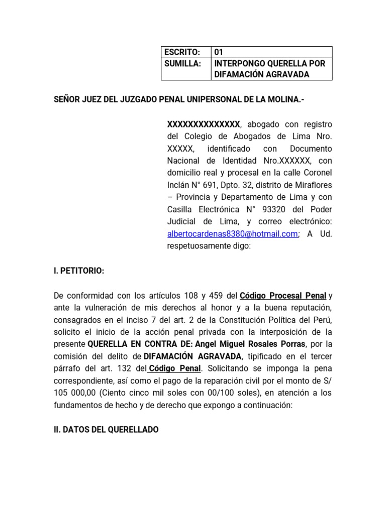 Modelo de Querella Por Difamación | Descargar gratis PDF | Derecho penal | Queja