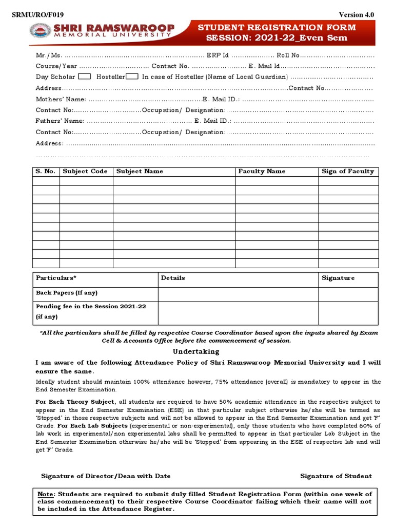 Student Registration Form SESSION: 2021-22 - Even Sem: SRMU/RO/F019 ...