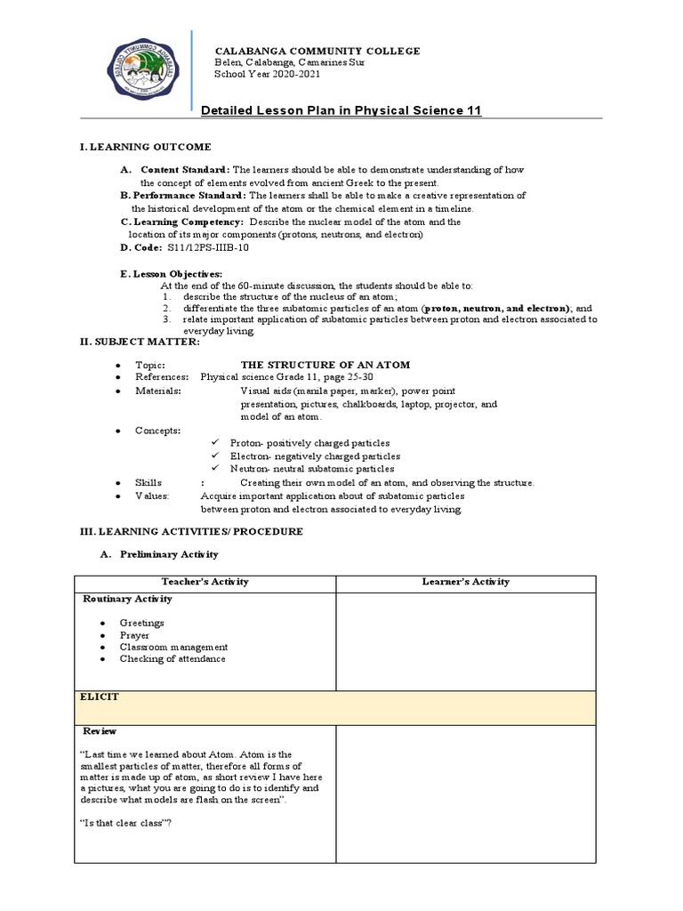 Detailed Lesson Plan in Physical Science 11 | PDF | Atoms | Atomic Nucleus