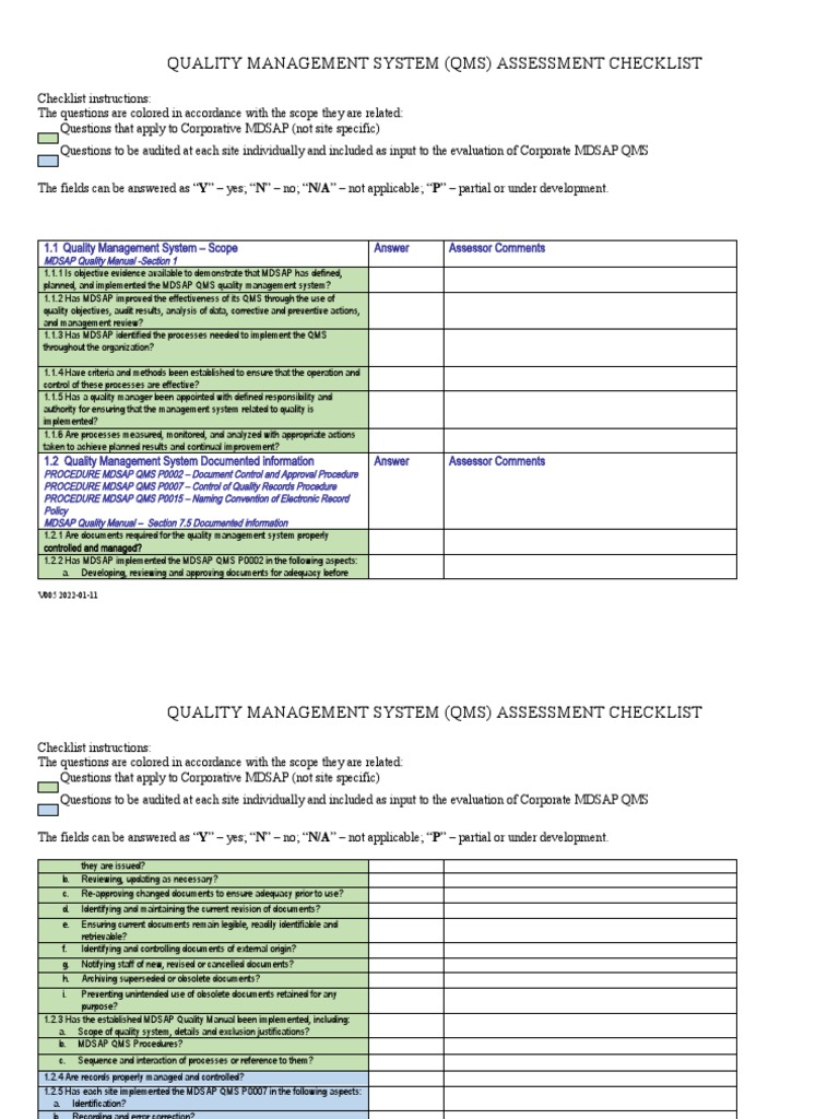 MDSAP QMS F0008.2.005 Internal Assessment Checklist | PDF