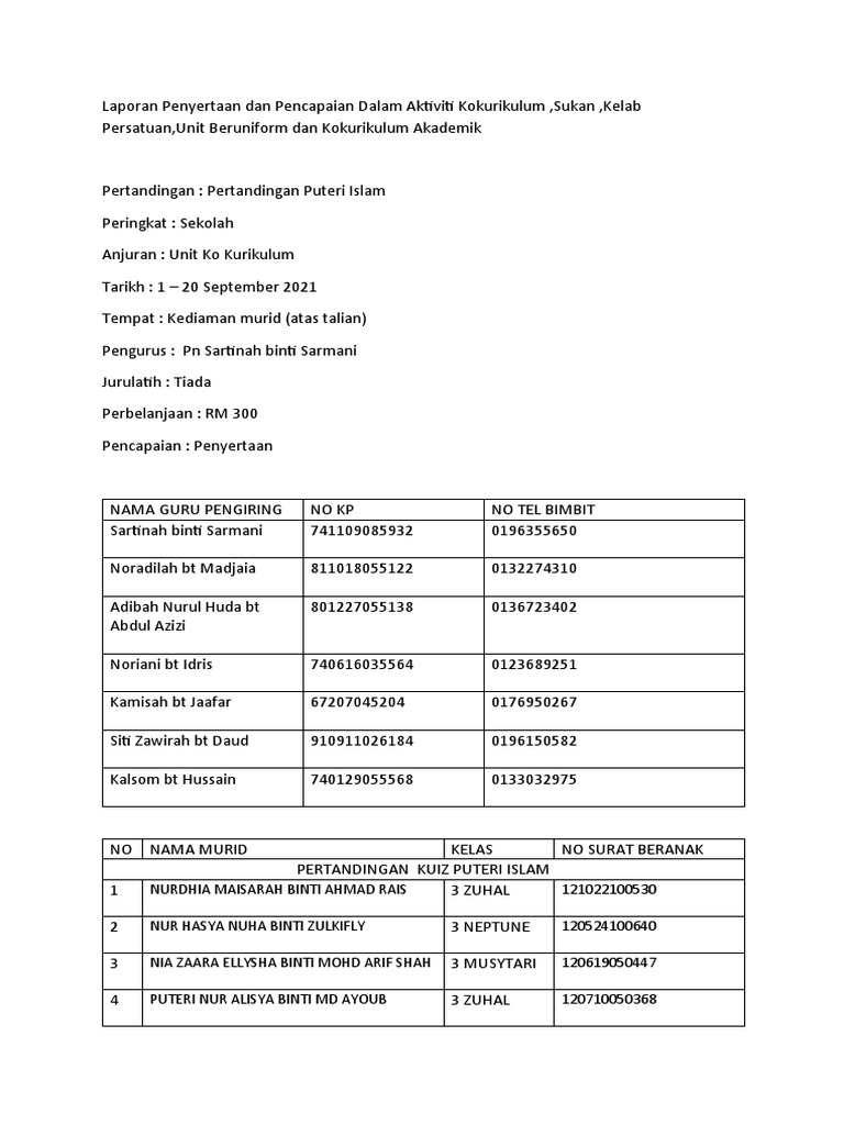 Laporan Pertandingan Aktiviti Kokurikulum Ppim | PDF