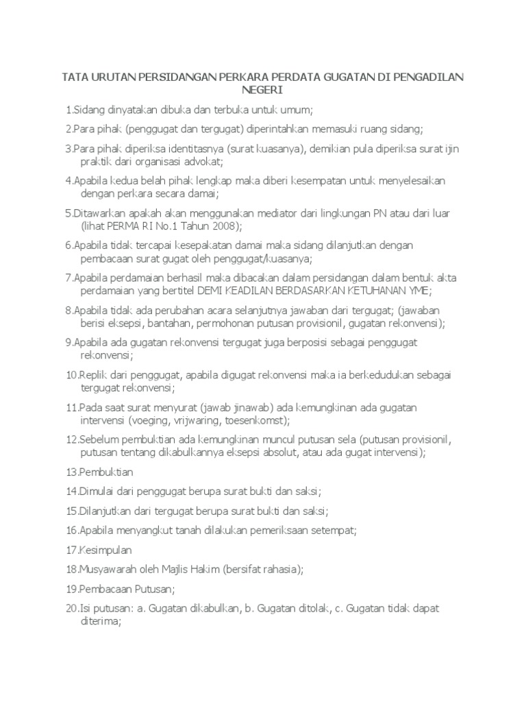 Tata Urutan Persidangan Perkara Perdata Gugatan Di Pengadilan Negeri | PDF