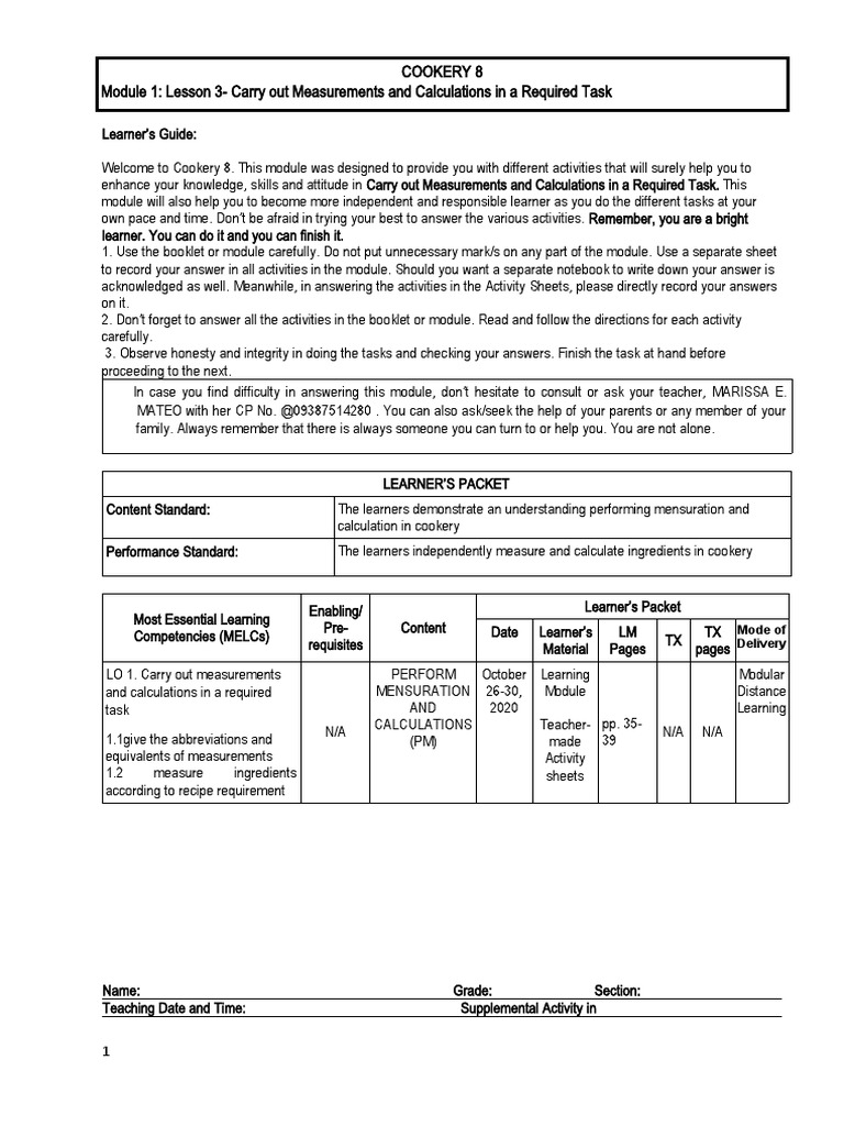 Cookery 8 Module 1: Lesson 3-Carry Out Measurements and Calculations in ...