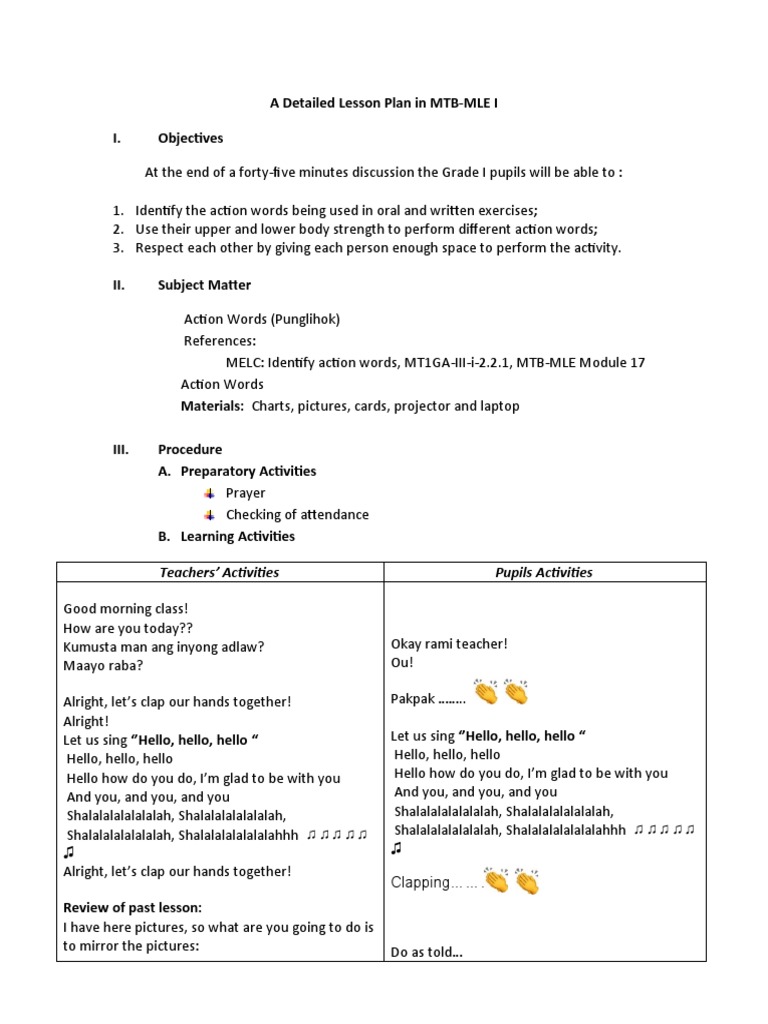 MTB-MLE Grade 1 Lesson Plan on Action Words | PDF | Cognitive Science ...