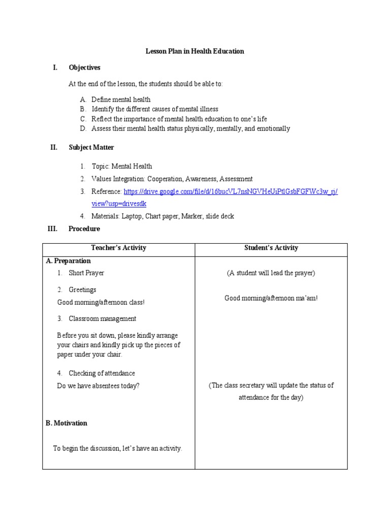Mental Health Education Lesson Plan | PDF | Self-Improvement | Science ...