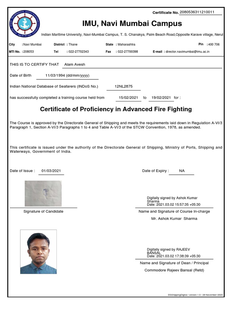 Advance Fire Fighting Certificate | PDF