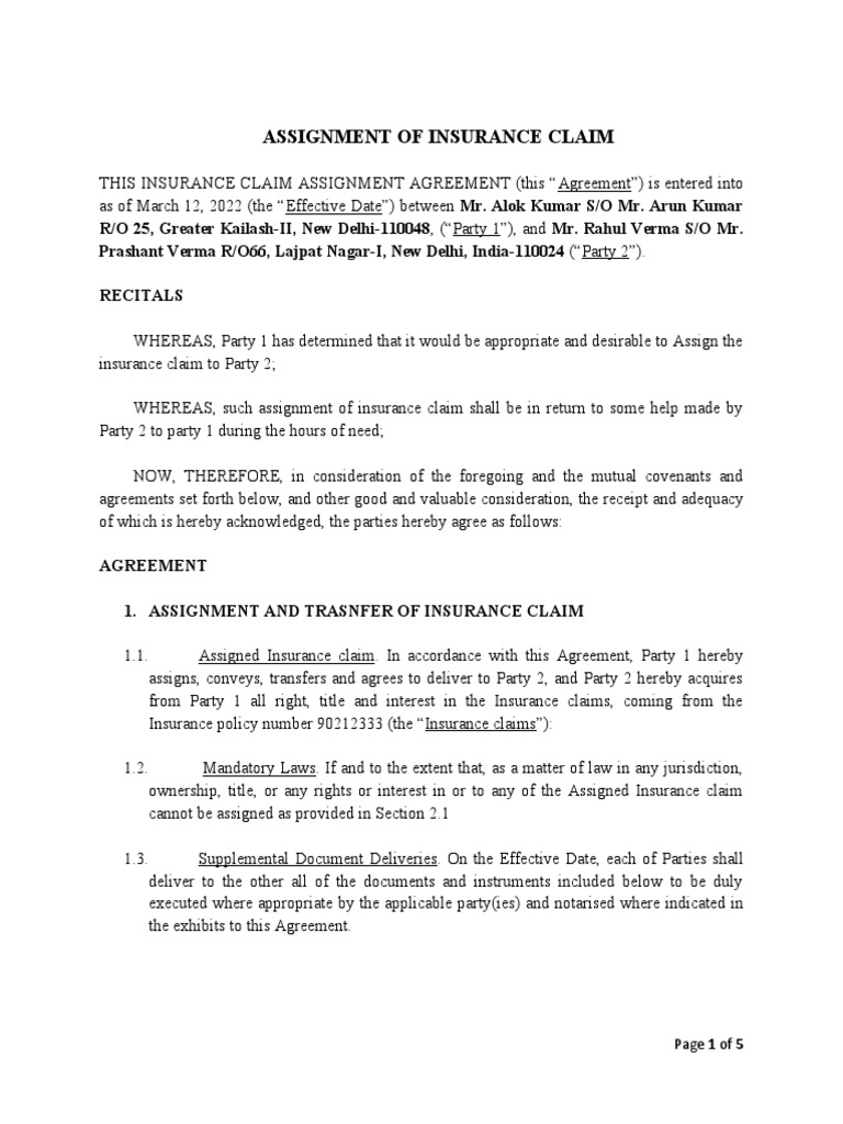 Assignment of Insurance Claim from Mr. Alok Kumar to Mr. Rahul Verma in ...