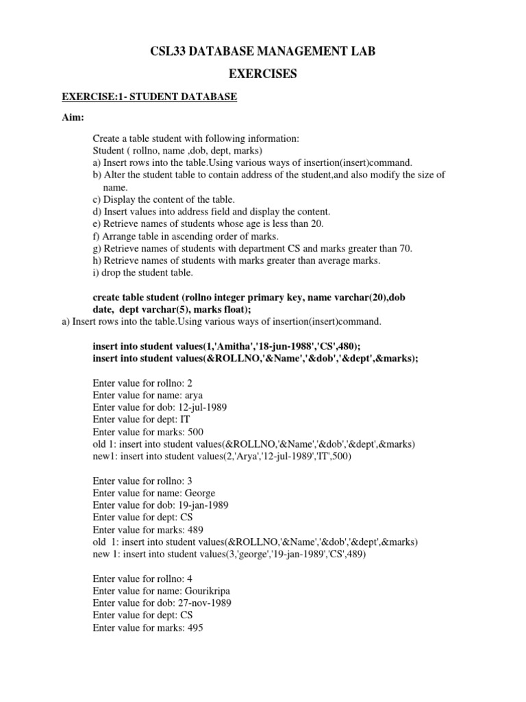 Csl33 Database Management Lab-Exercises (SQL) | Download Free PDF | Table (Database) | Computing