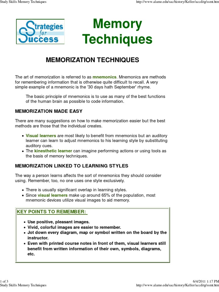 Study Skills Memory Techniques | PDF | Mnemonic | Study Skills