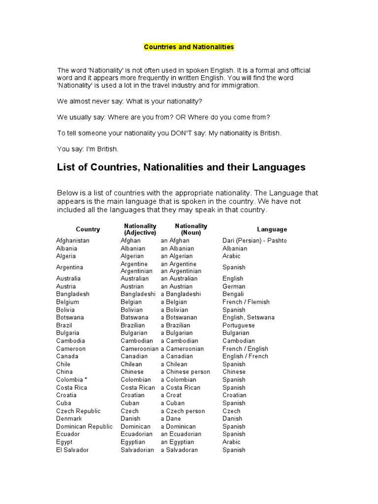 List of Countries, Nationalities and Their Languages | PDF | Spanish ...