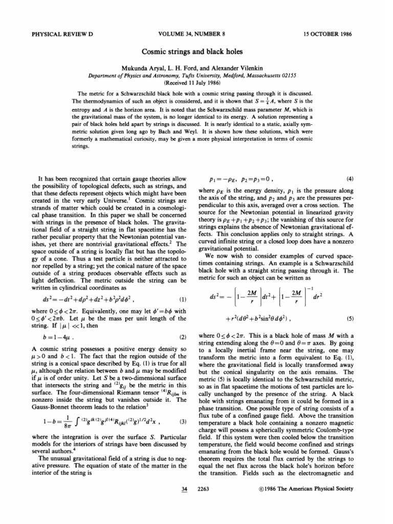 Cosmic Strings and Black Holes | PDF | Black Hole | String Theory