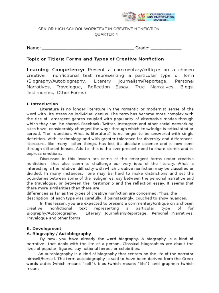 Creative Nonfiction Forms for Grade 12 | PDF