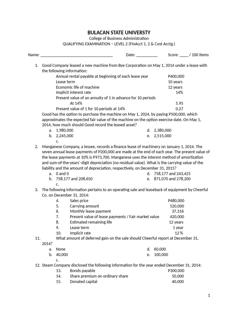 Qualifying Exam Final For Printing | PDF | Stocks | Preferred Stock