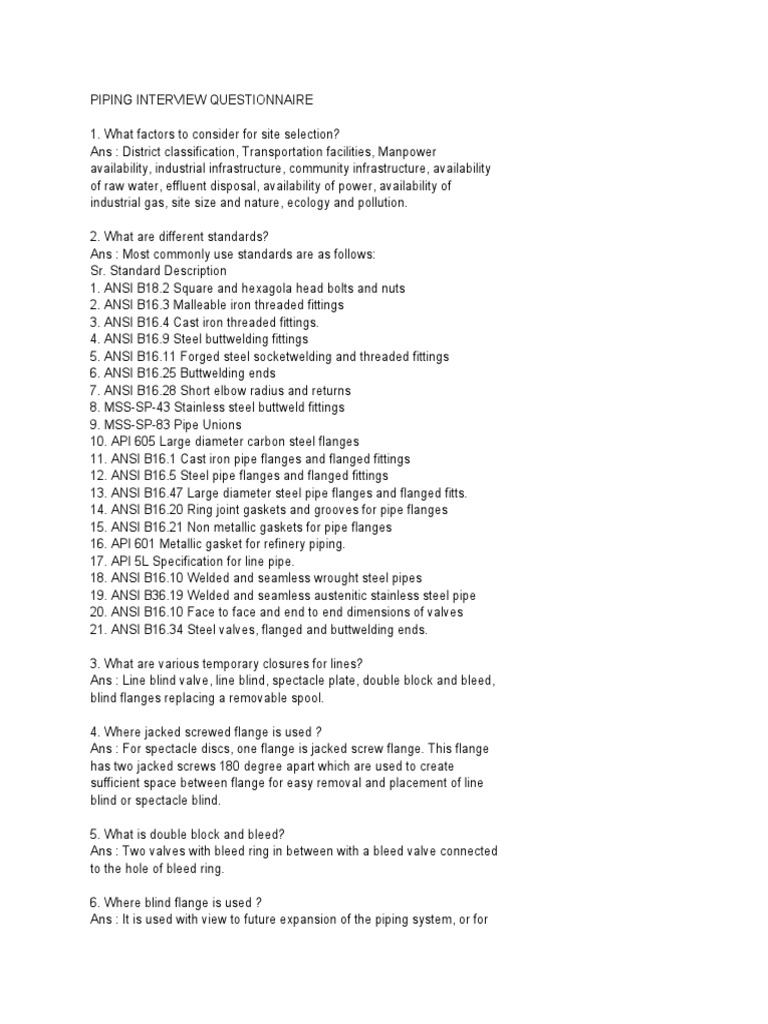 Piping Interview Questionnaire | PDF | Valve | Pipe (Fluid Conveyance)