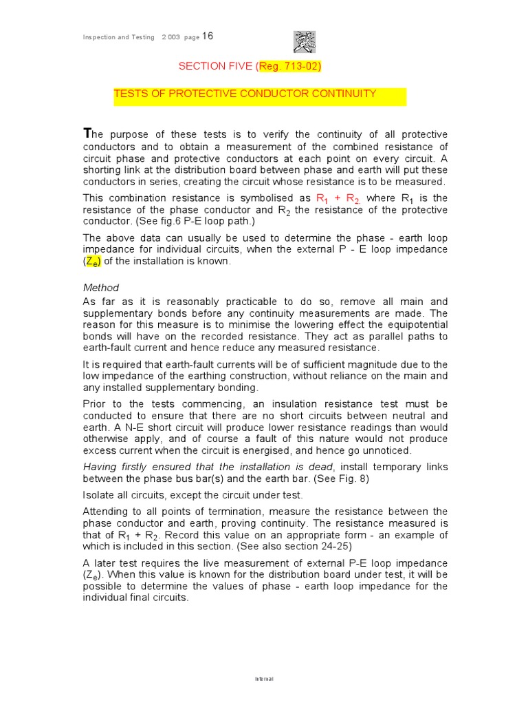 SECTION FIVE (Reg. 713-02) Tests of Protective Conductor Continuity ...