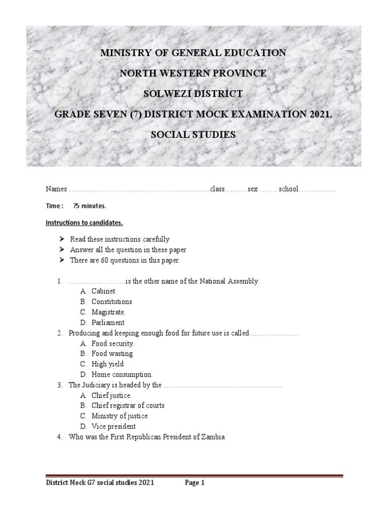 Ministry of General Education North Western Province Solwezi District ...