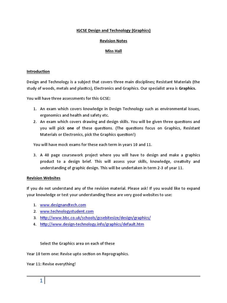 IGCSE Design and Technology (Graphics) Revision Notes Miss Hall | PDF ...