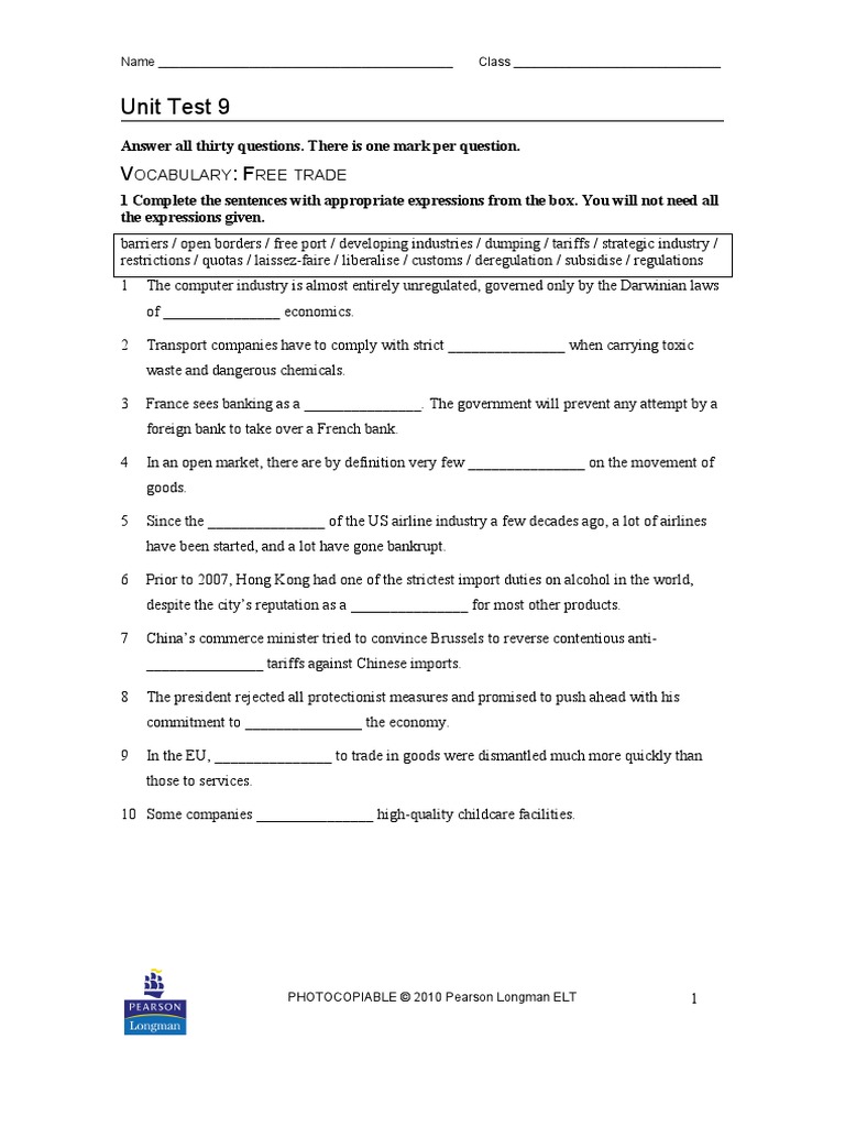 Market Leader Intermediate 3RD Edition Unit 9 Test | PDF | Tariff ...