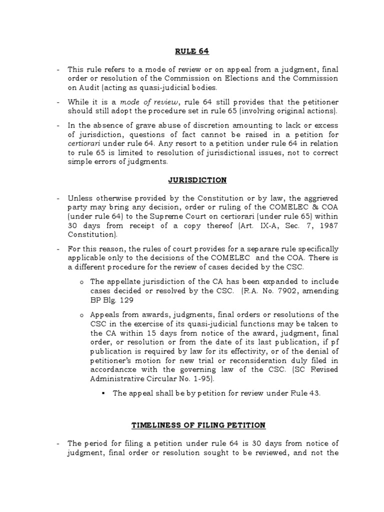 RULE 64 Rev of Judgm of COMELEC & COA | PDF | Certiorari | Judgment (Law)