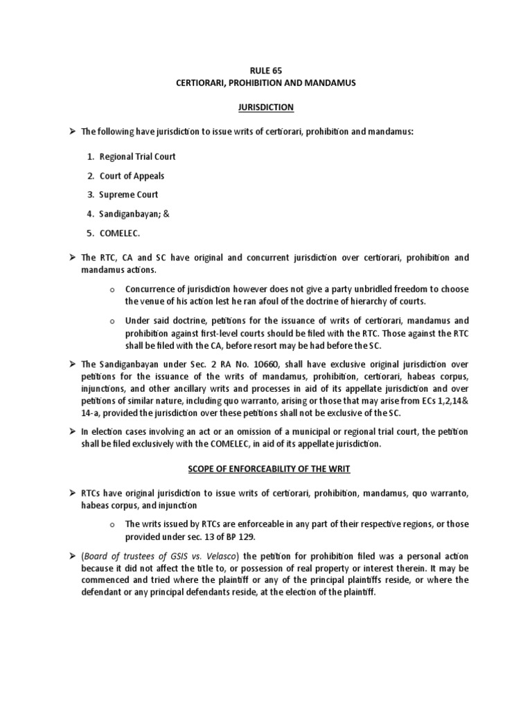 Rule 65 Certiorari, Prohibition and Mandamus Jurisdiction | PDF ...