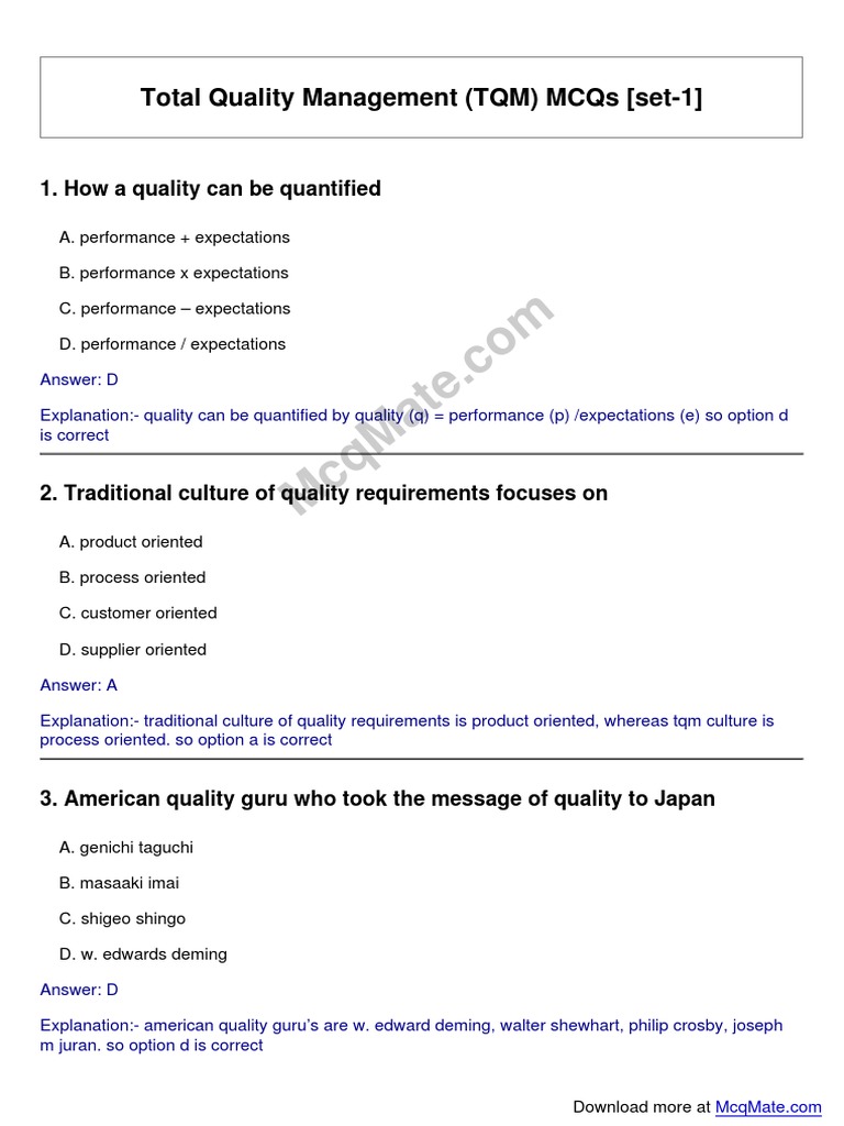 TQM MCQs: Key Concepts and Answers | PDF | Systems Science | Business