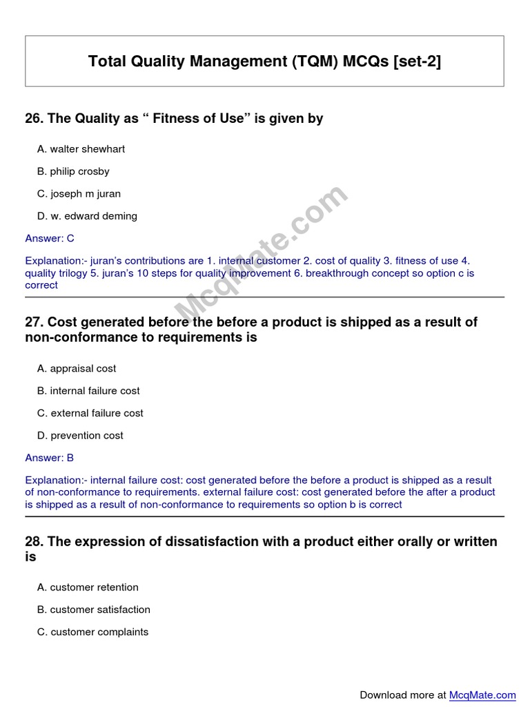 Total-Quality-Management Solved MCQs (Set-2) | PDF | Motivation | Motivational