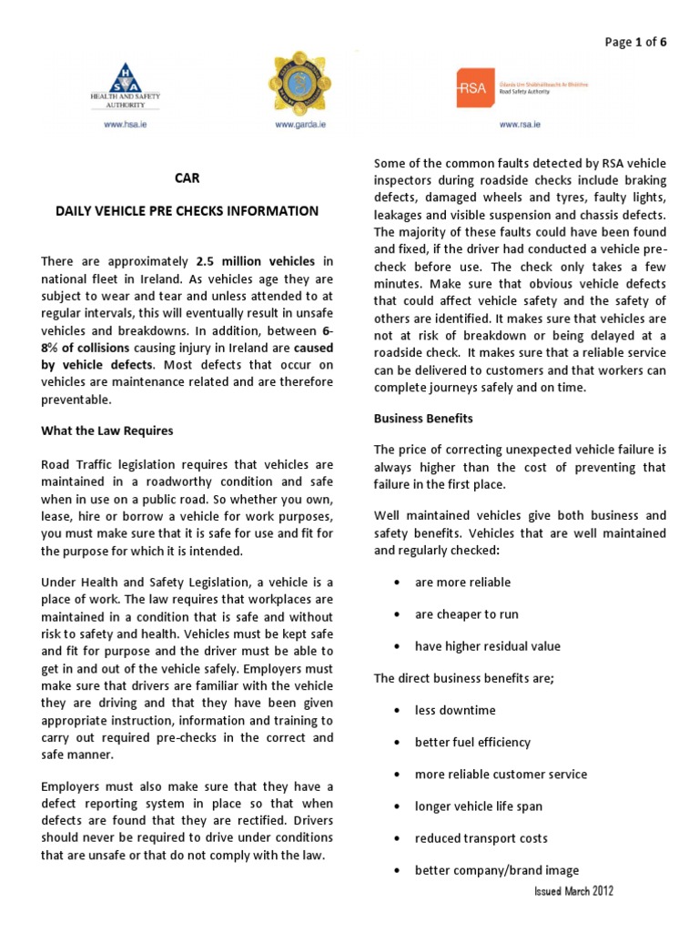 CAR Daily Vehicle Pre Checks Information | PDF | Safety | Vehicles