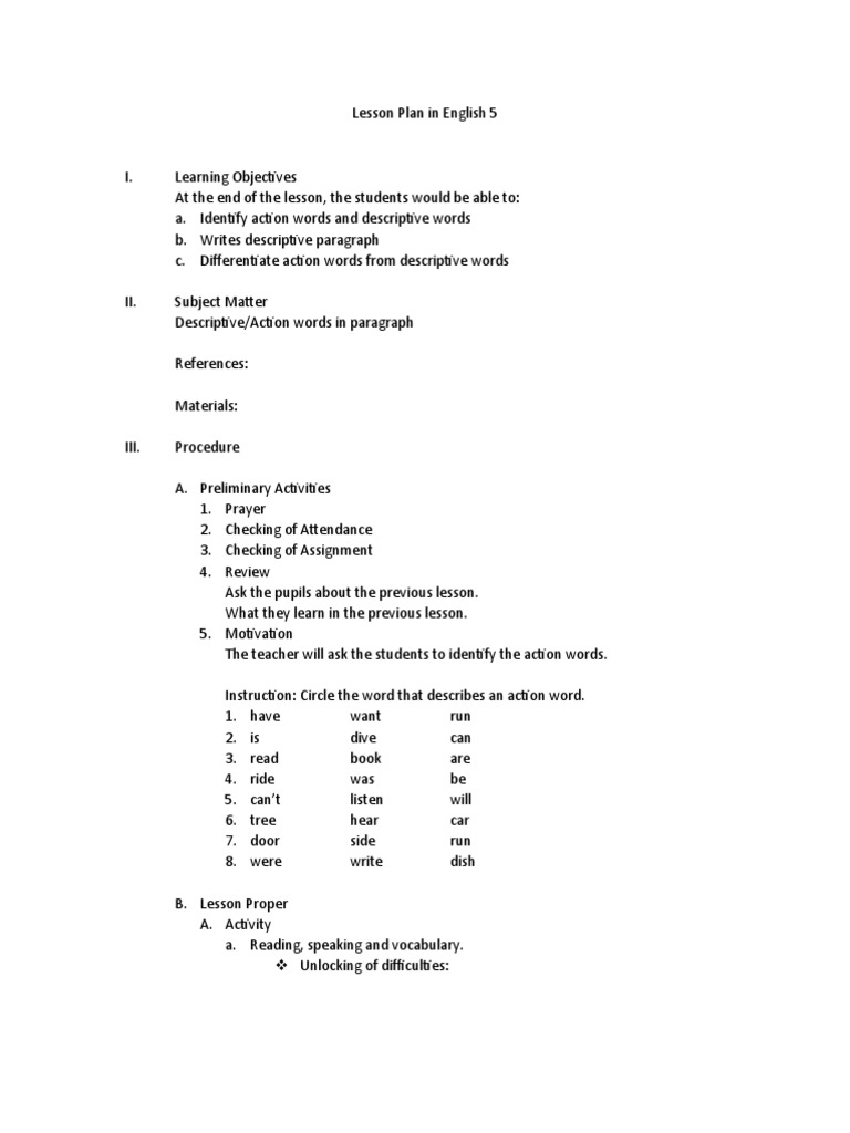 Lesson Plan in English 5 | PDF | Lesson Plan | Disability