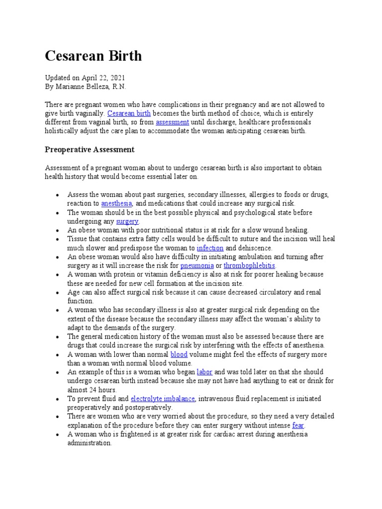 Cesarean Birth: Preoperative Assessment | Download Free PDF | Caesarean ...