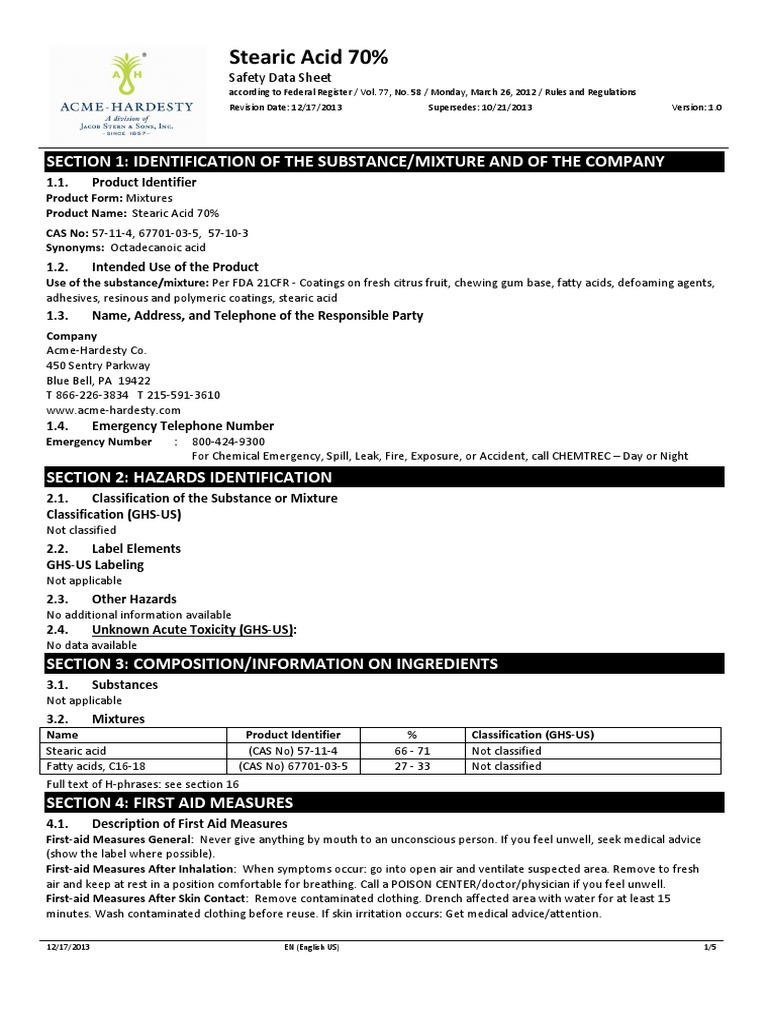 Stearic Acid 70% Safety Data Sheet | PDF | Personal Protective ...