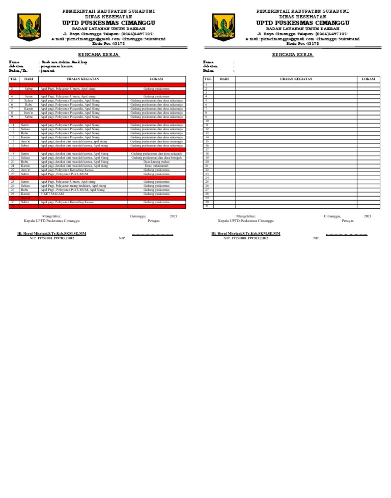Format Rencana Kerja Harian 2021 2 | PDF