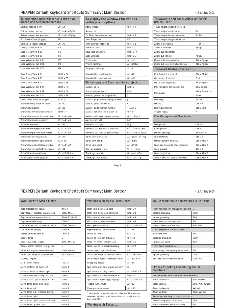 REAPER Keyboard Shortcuts Overview | PDF | Computer Keyboard | System ...