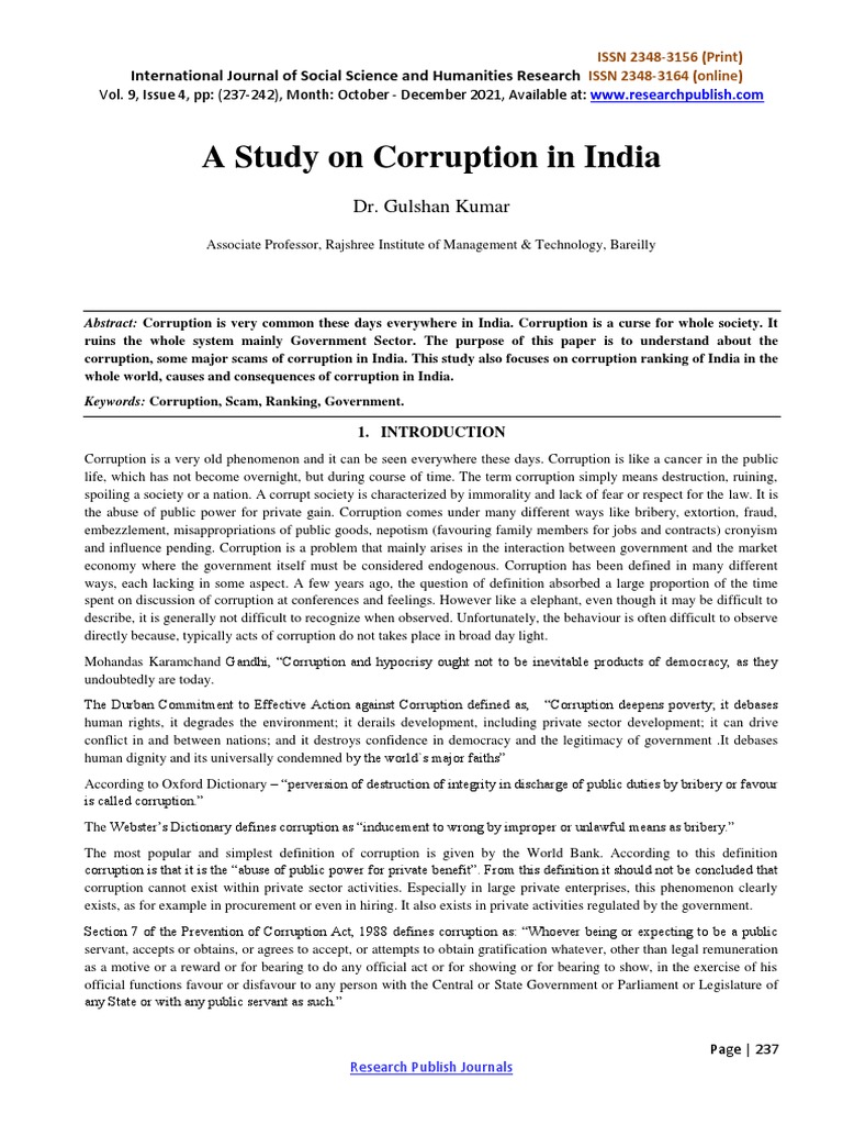 A Study On Corruption in India | PDF