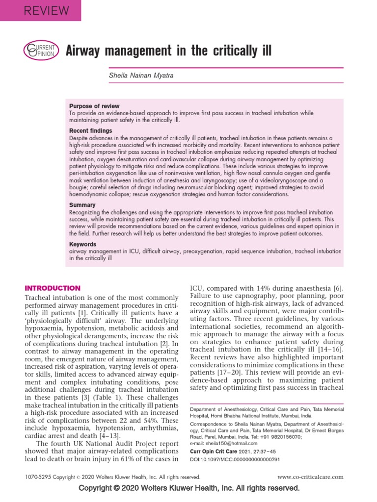 Airway Management in The Critically Ill: Review | PDF | Intensive Care ...