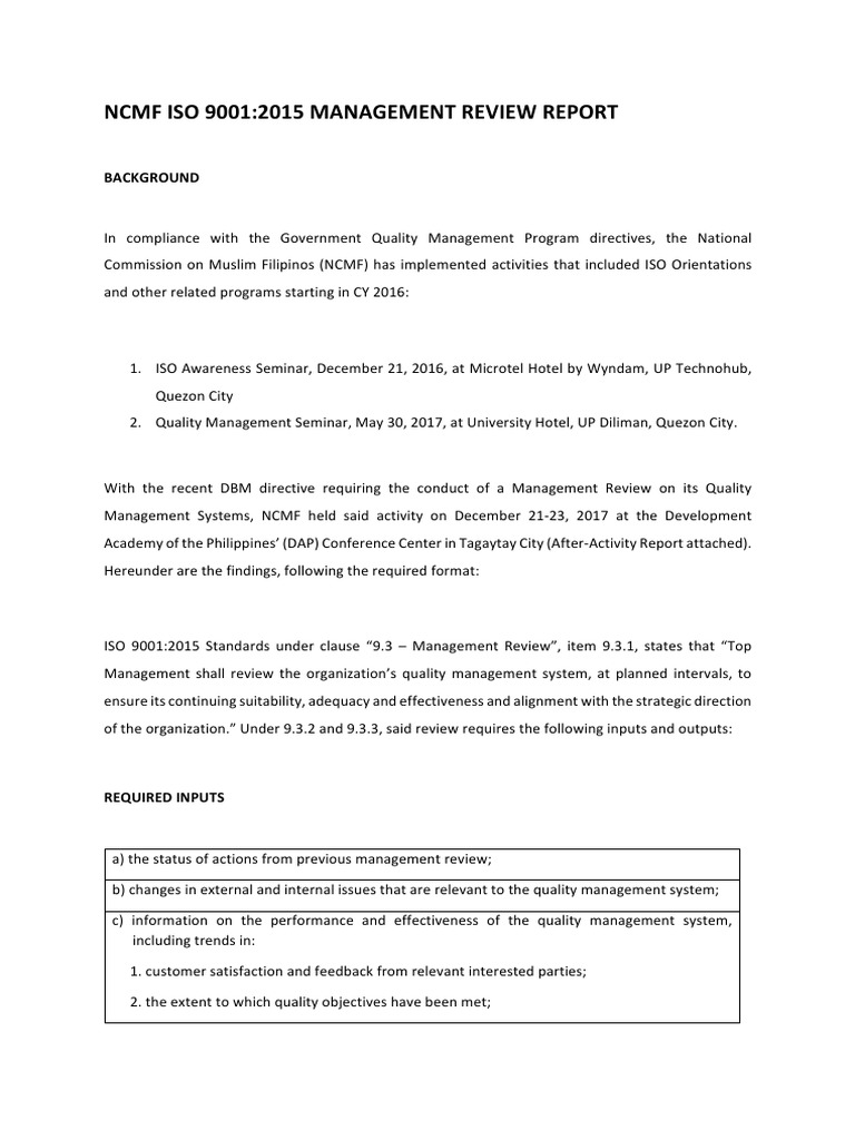 NCMF Management Review Report 2017 1 | PDF | Quality Management System ...
