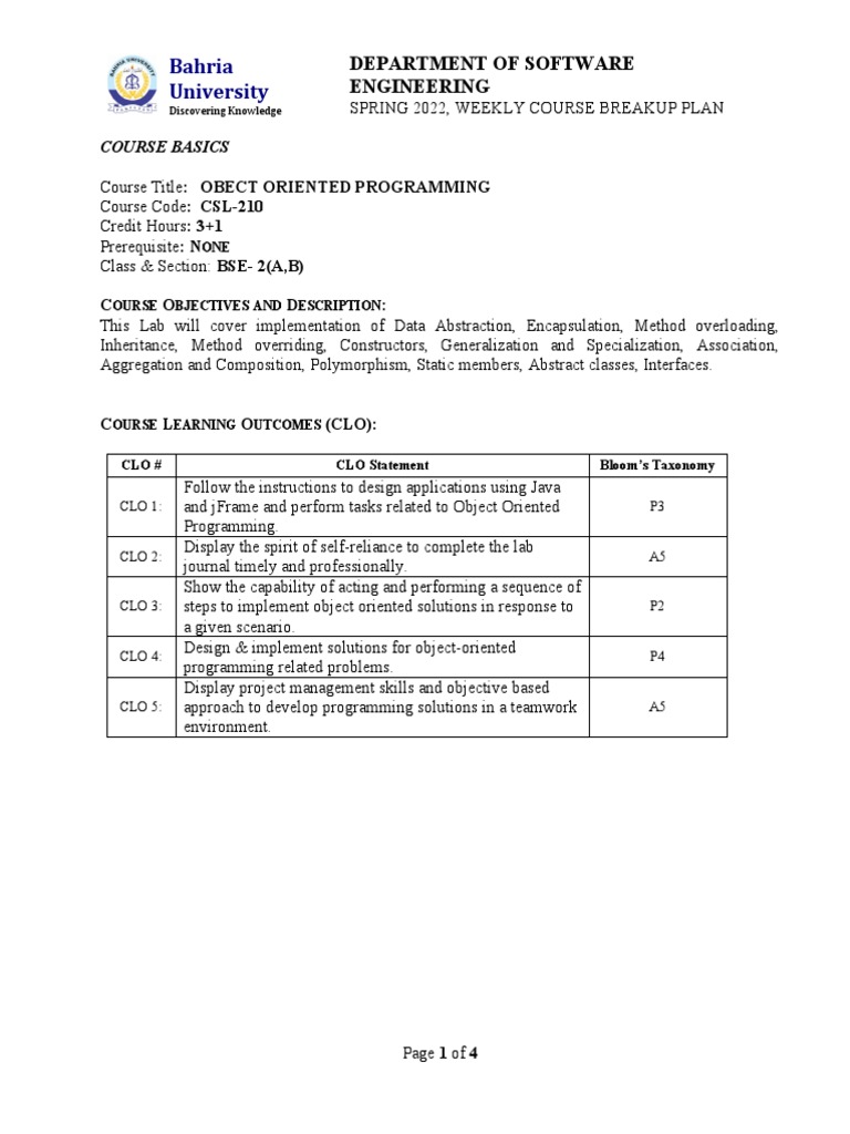 Bahria University: Department of Software Engineering | PDF | Method (Computer Programming ...