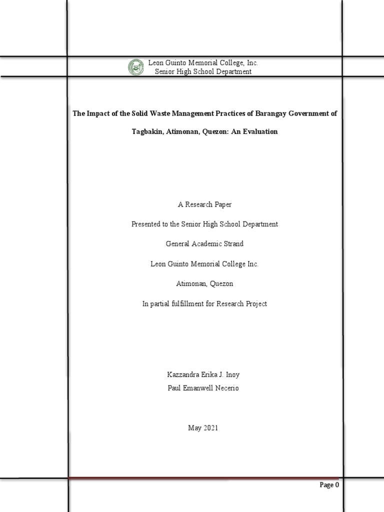 Assessment On The Impact of The Solid Waste Management Practices ...