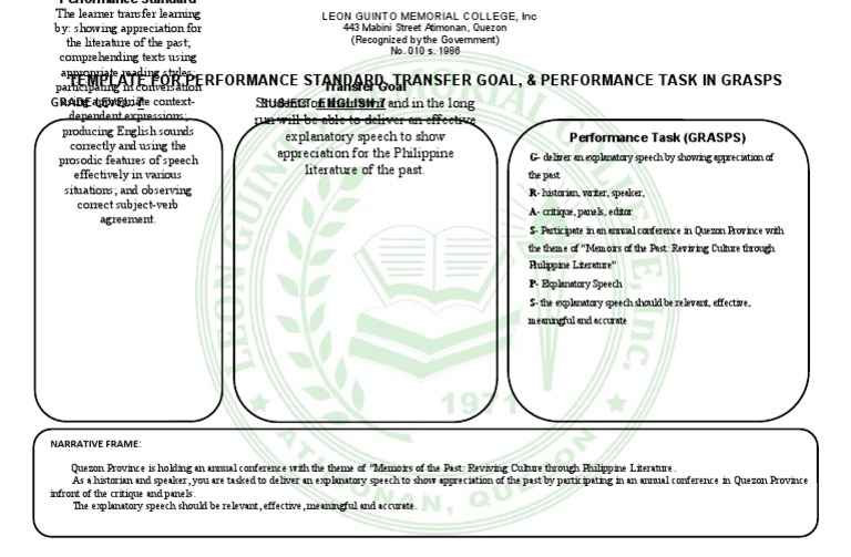 Template For Performance Standard, Transfer Goal, & Performance Task in Grasps | PDF ...